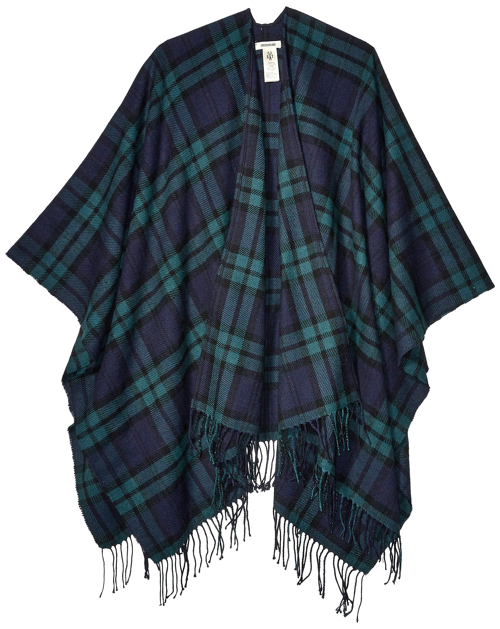 Goodthreads Women's Fringe Ruanna Wrap Scarf, Green Navy Plaid, One Size