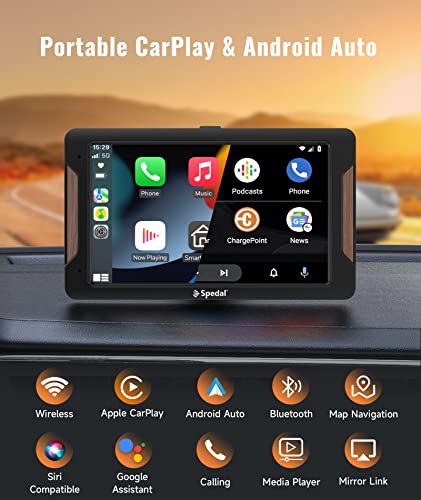 Spedal 7 Inch Wireless Apple CarPlay and Android Auto, Portable Car Stereo with Mirror Link, Multimedia Player, Bluetooth, AUX/FM, Google and Siri Assistant, Dash or Windshield Mounted