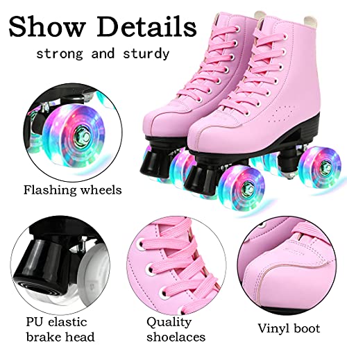 Women's Roller Skates, Leather Roller Skates High-top Roller Skates Four-Wheel Shiny Roller Skates for Kids and Adults