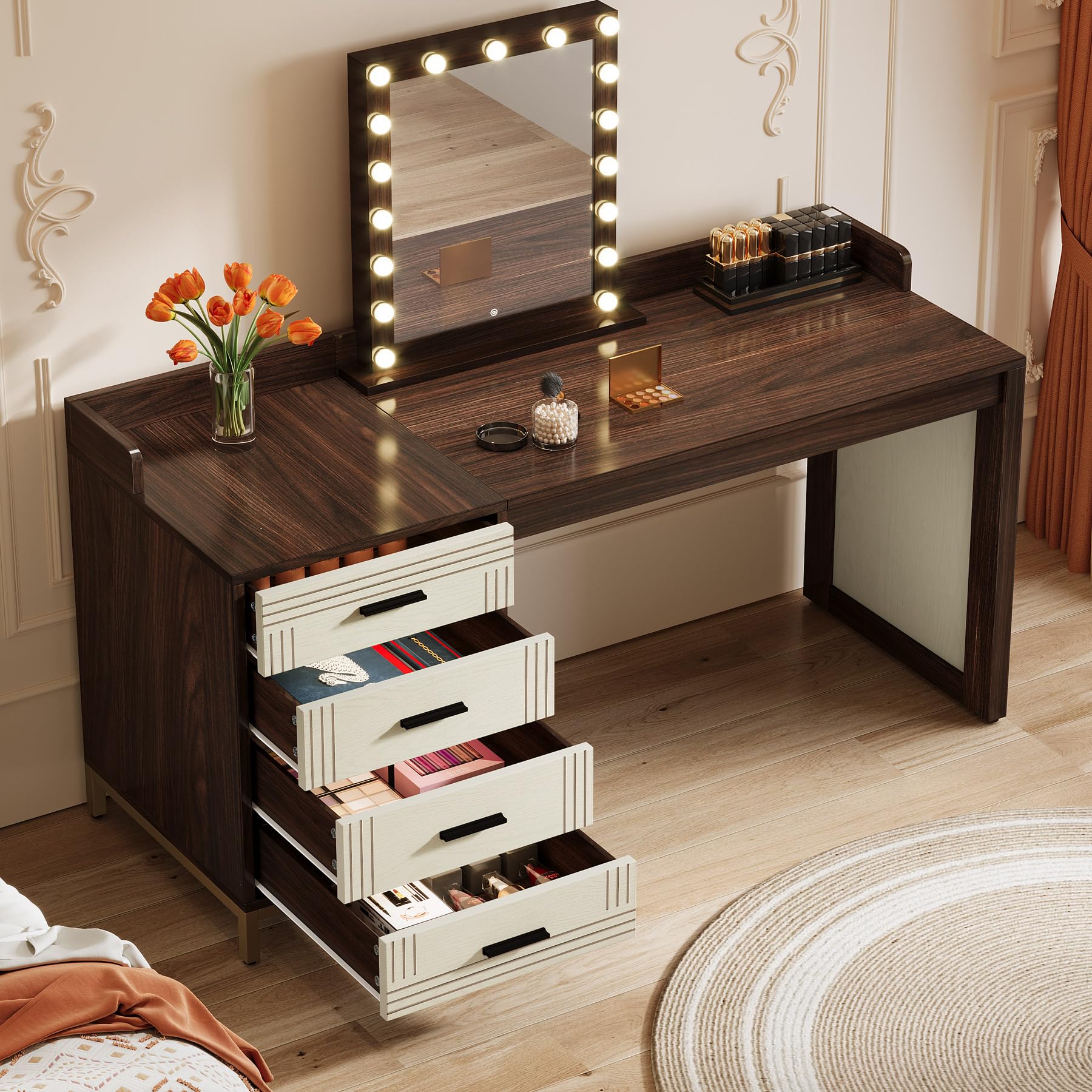 Tribesigns 61-Inch Vanity Desk with 4 Drawers, Mid-Century Modern Makeup Vanity Table, Wood Dressing Table for Bedroom, Brown & Beige (Table Only)