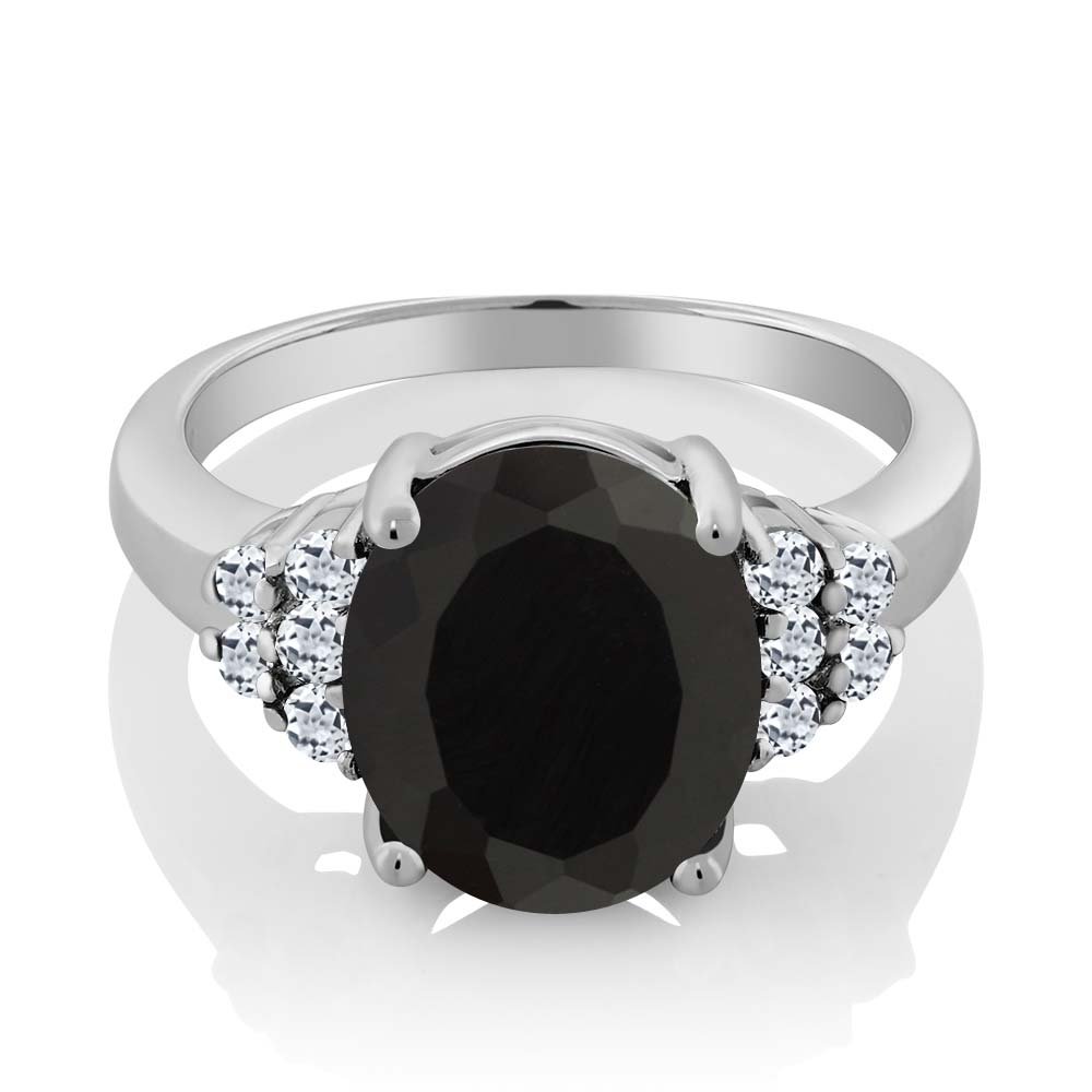 Gem Stone King 925 Sterling Silver Black Onyx and White Topaz Women Engagement Ring (4.40 Cttw 12X10MM Oval Center) (Size 6)