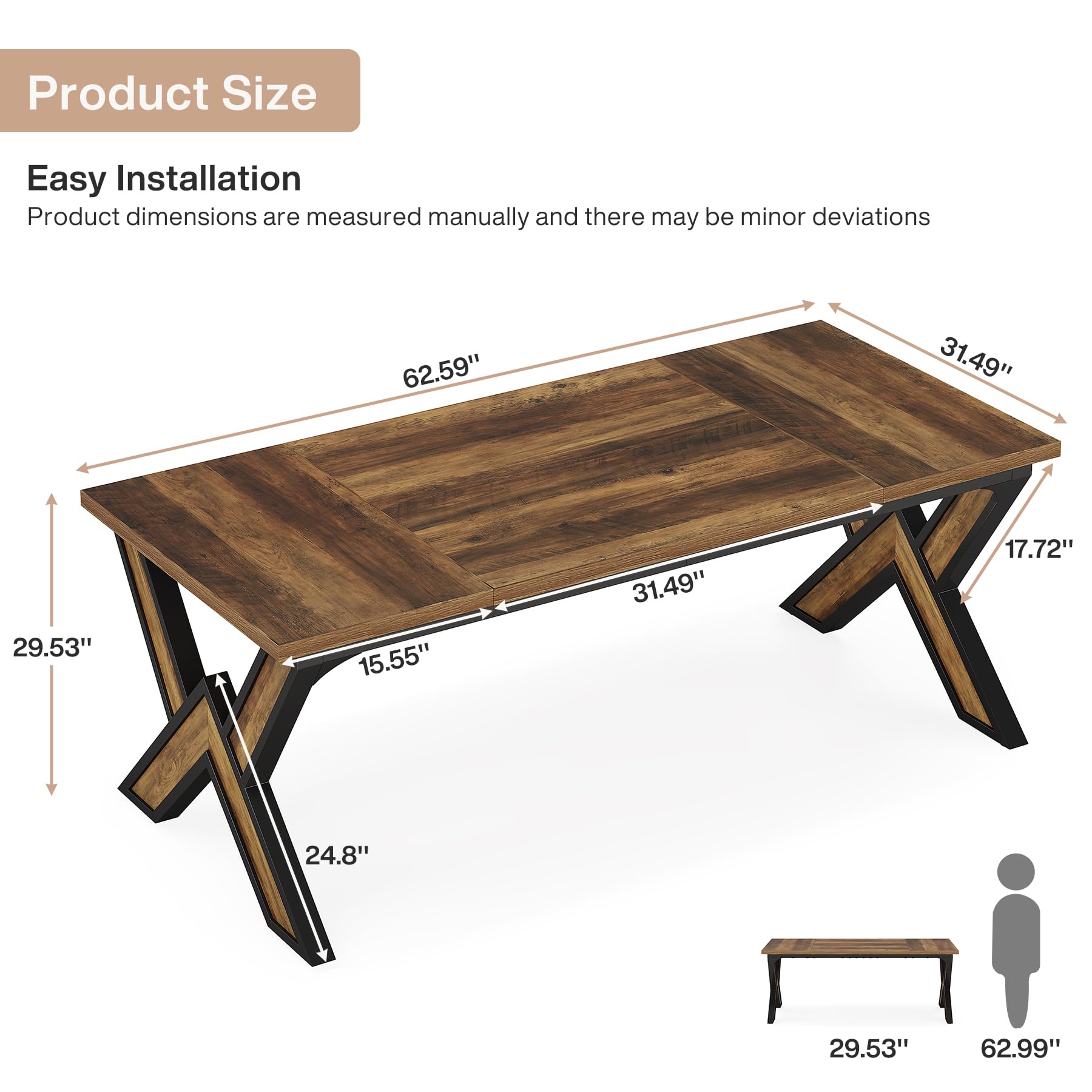 Tribesigns 63 Inches Large Office Desk, Modern Executive Computer Desk with Thickened Frame and Board, Executive Office Desk Workstation Business Office Furniture, Rustic Brown & Black