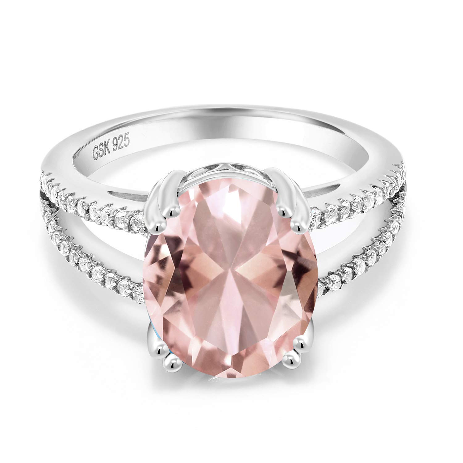 Gem Stone King 925 Sterling Silver Peach Simulated Morganite Women Ring (5.21 Cttw, Oval 12X10MM, Available 5,6,7,8,9) (Size 8)