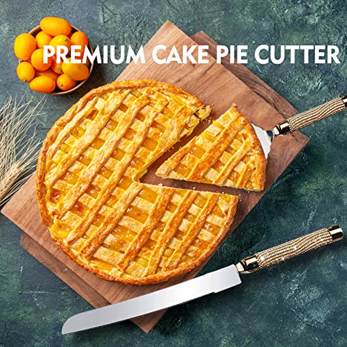 ROXBURGH Wedding Cake Knife and Server Set, 420 Stainless Steel Cake Cutter and Pie Server Slicer, Rhinestones Studded Handle Cake Cutting Set for Wedding Gifts, Engagement Gifts for Bride and Groom