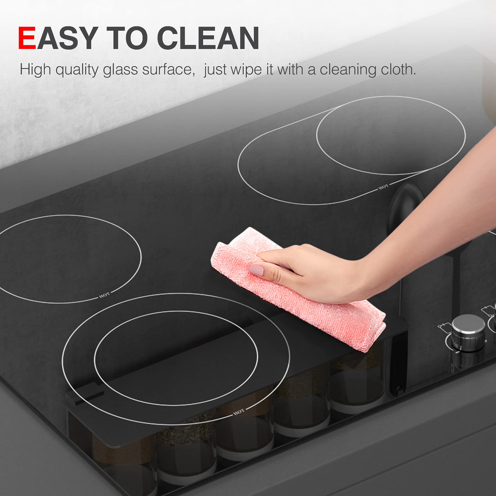 GTKZW Electric Cooktop 30 Inch, 6800W Ceramic Electric Stove Top with 4 Burners 220v, Knob Control, 9 Heating Levels, Kids Lock & Timer, Hot Surface Indicator, Hardwired, no Plug