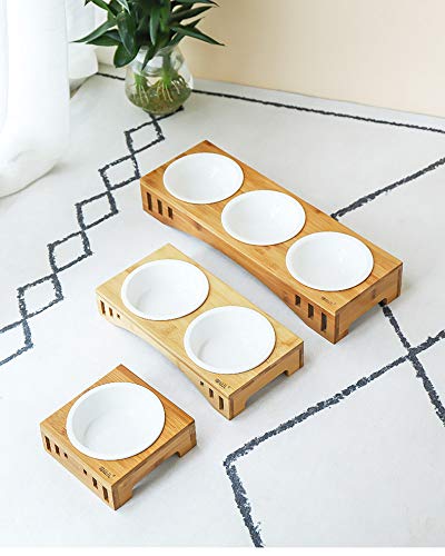 Ika Omnis Elevated Dog Cat Bowl Pet Ceremic Food and Water Bowl - Raised Bamboo Stand Dishes Feeder Bowl for Small/Medium Puppy Kitten