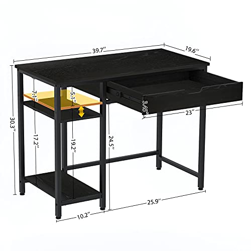 Rolanstar Computer Desk with Shelves and Drawer, 39" Home Office Writing Desk, Laptop Study Table Workstation,Business Style, Stable Metal Frame, Black