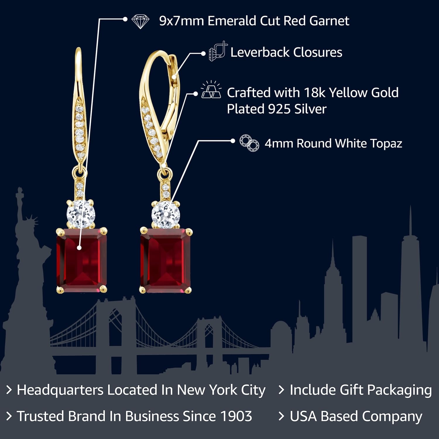 Gem Stone King 18K Yellow Gold Plated Silver Red Garnet and White Topaz Dangle Earrings For Women (5.88 Cttw, Gemstone January Birthstone, Octagon 9X7MM)