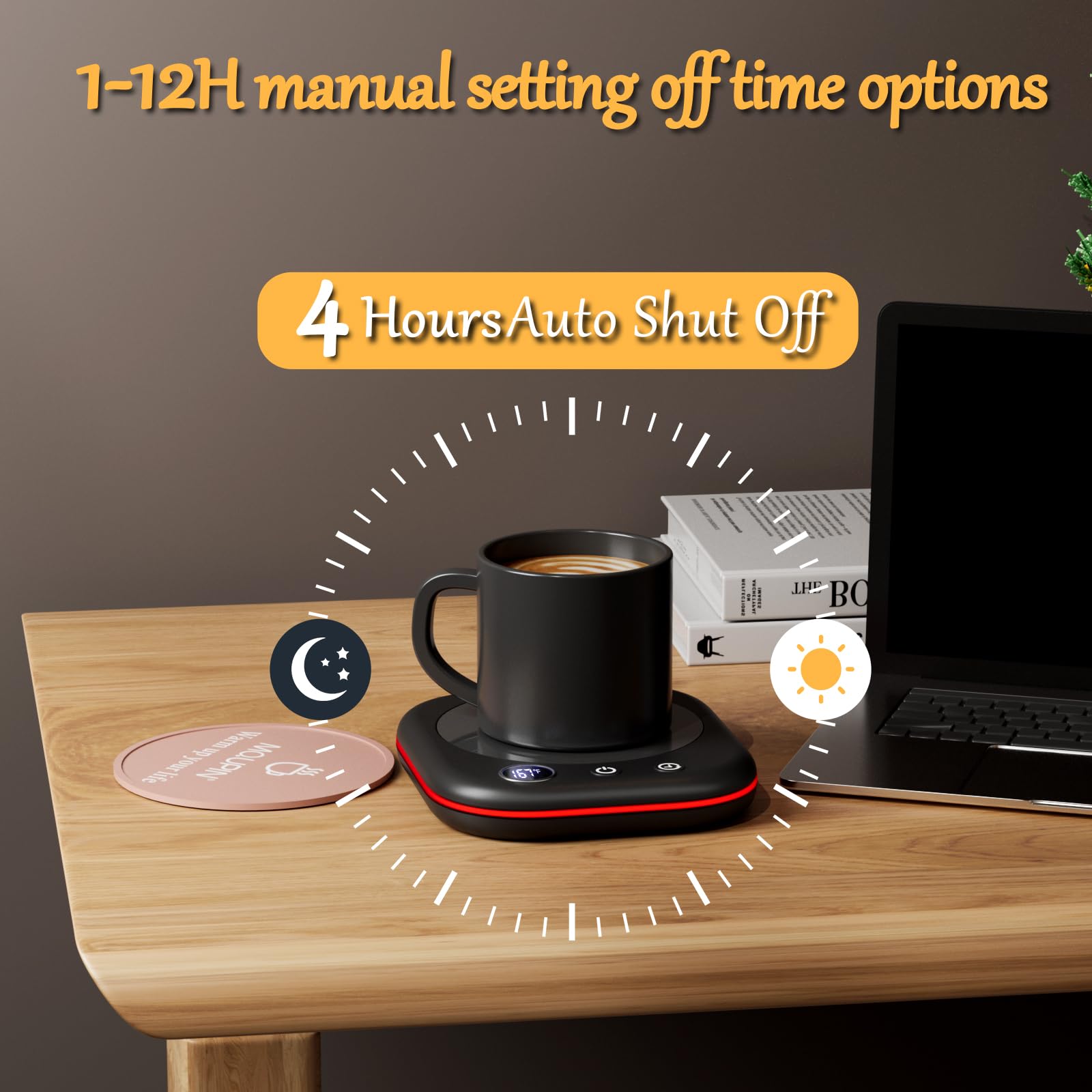 Mug Warmer Upgraded,Coffee Mug Warmer for Desk LEDs Light 3 Temp Settings (45-75β) 1-12H Timer 4 H Auto Shut Off Beverage Cup Candle Warmer for Coffee Tea Milk(Black)