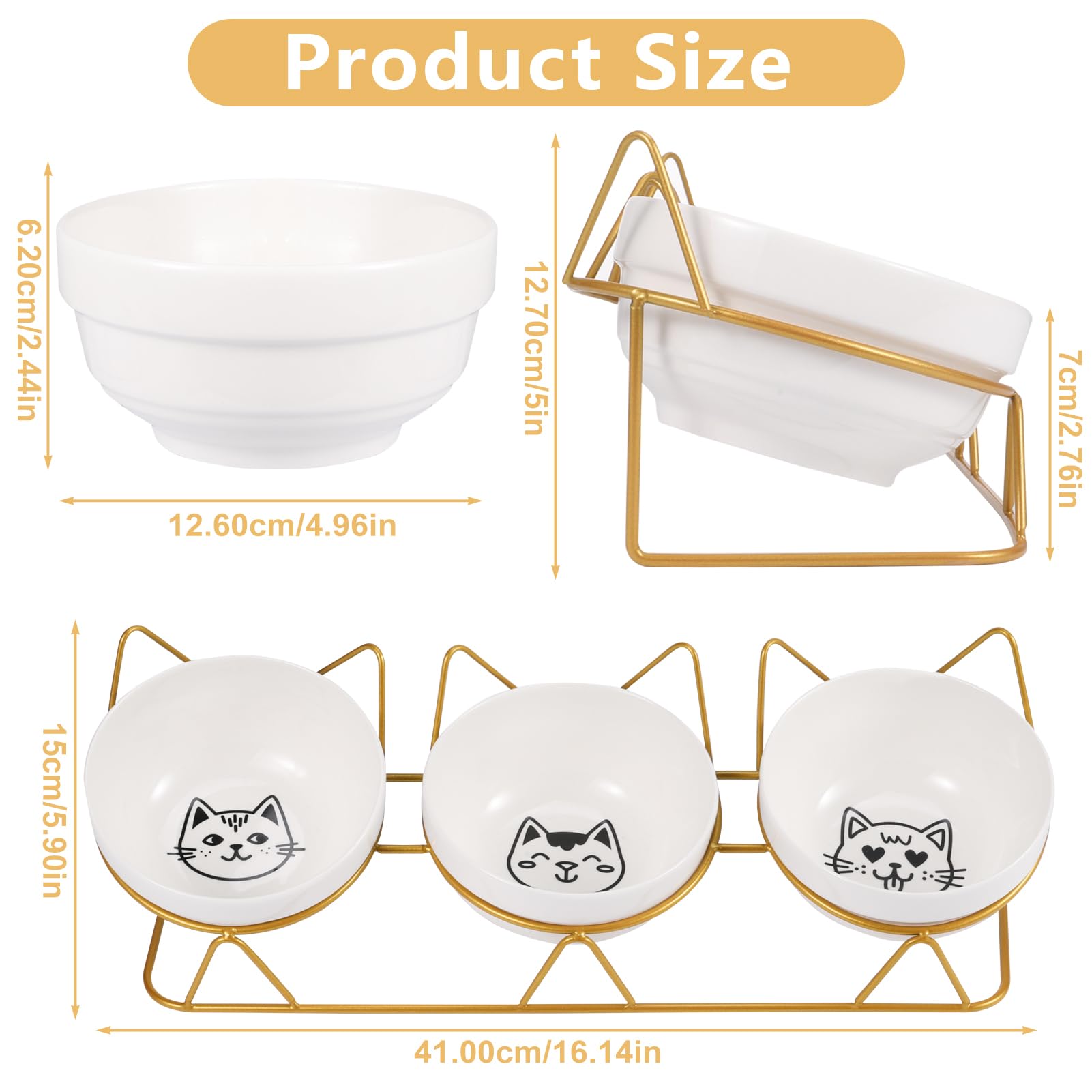 Wedding Pails Elevated Cat Bowls with 3 Ceramic Bowls,5 inches Food & Water Bowls 15° Tilted Raised Feeding Dishes with Metal Stand for Multiple Cats Dog Pet, Gold