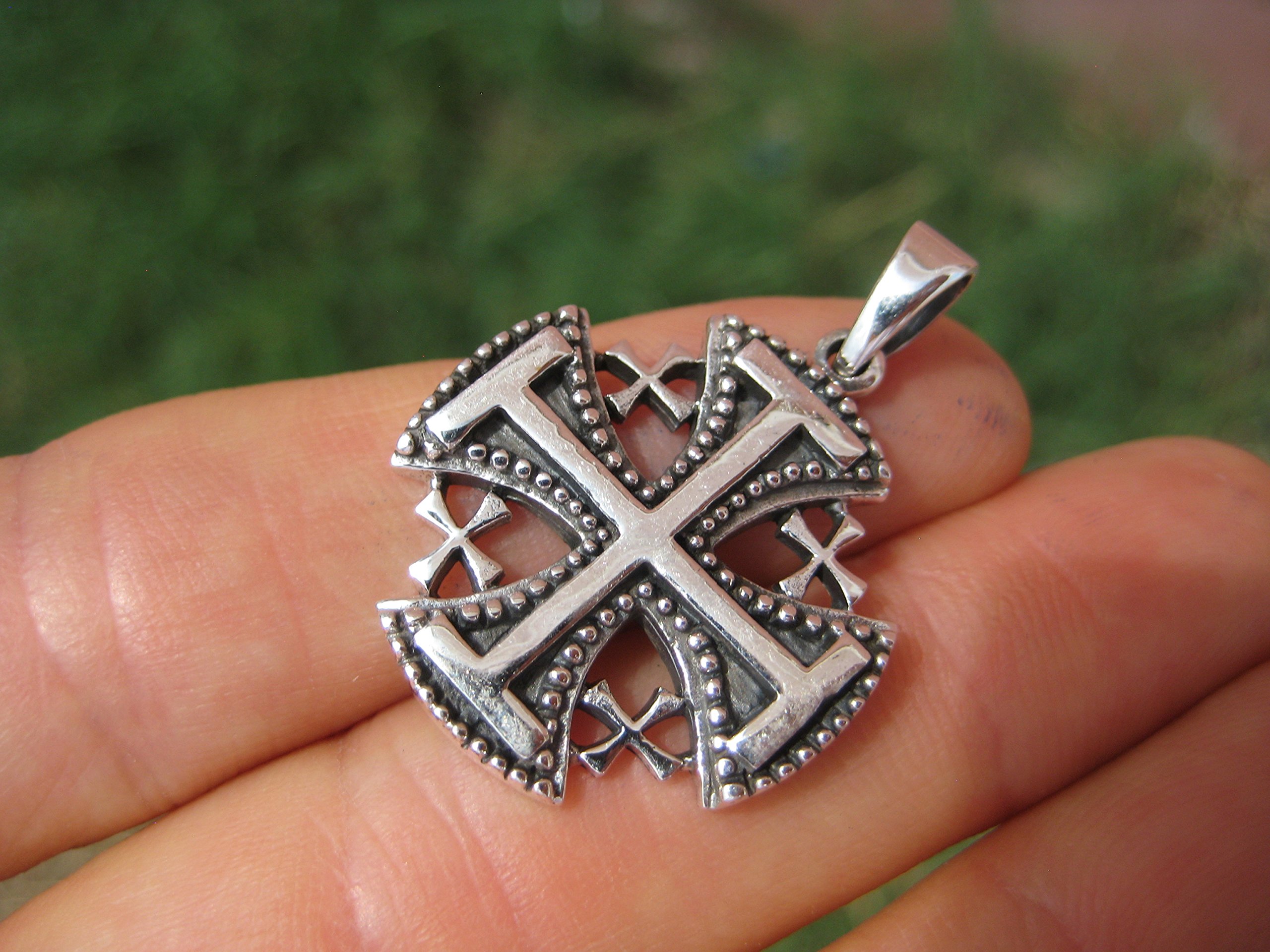 Himalayan Treasures 925 Sterling Silver Jerusalem Cross Fivefold Cross Crusaders Cross Emblem Medal Pendant Necklace A12