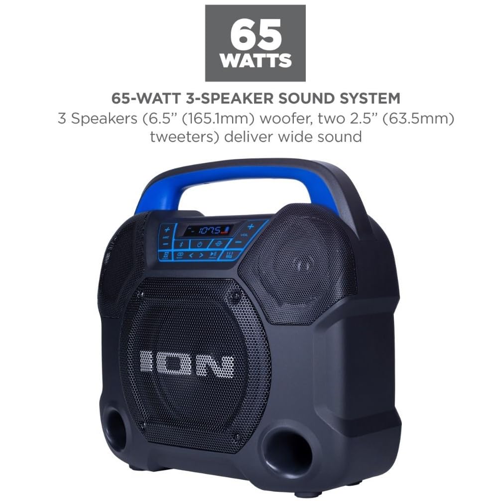 Ion Explorer Express Outdoor Party Speaker with Rechargeable Battery, Bluetooth and Radio for Birthday, Pool Party, BBQ β Premium Wide Sound, Three Speakers, USB Charging & App (Renewed)