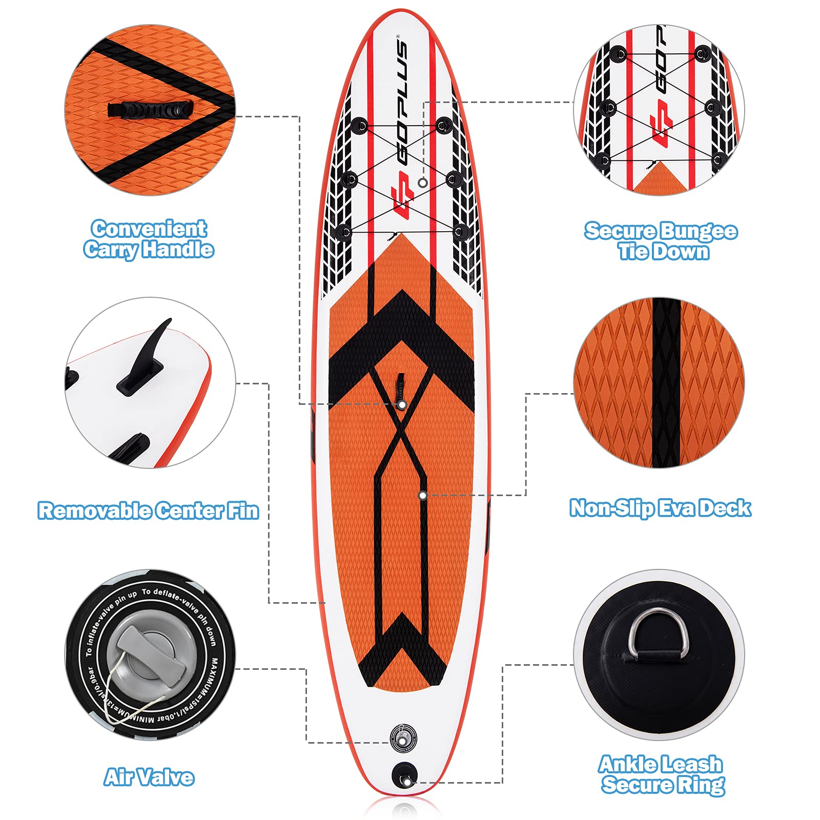 GOPLUS 10.5' Inflatable Stand Up Paddle Board SUP Cruiser with Fin, Adjustable Paddle, Hand Pump and Carry Backpack (Orange)