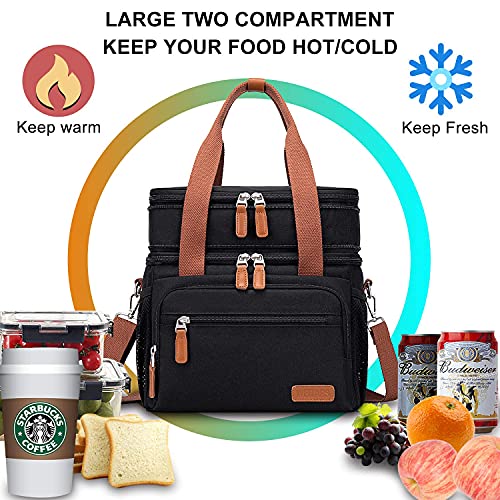 Weitars Lunch Bag For Women Men-Dual Compartment Large Lunch Box For Men Adult Lunch Box For Nurse Office Working Picnic Hiking (15L, Black/kahki)