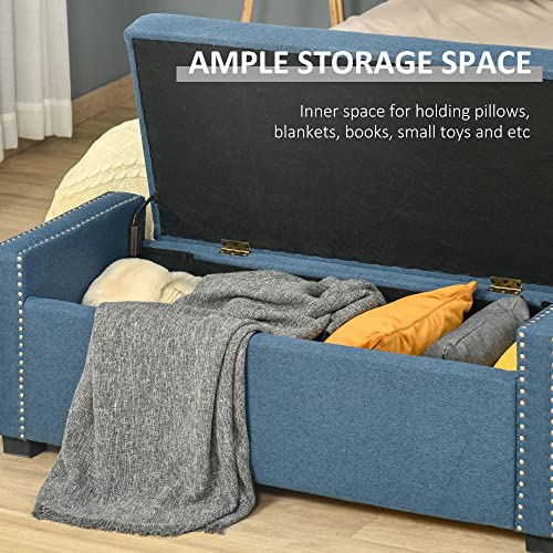 HOMCOM Nailhead Trim Upholstered Flip Top Storage Bench, Fabric Ottoman for Bedroom, or Living Room, Blue