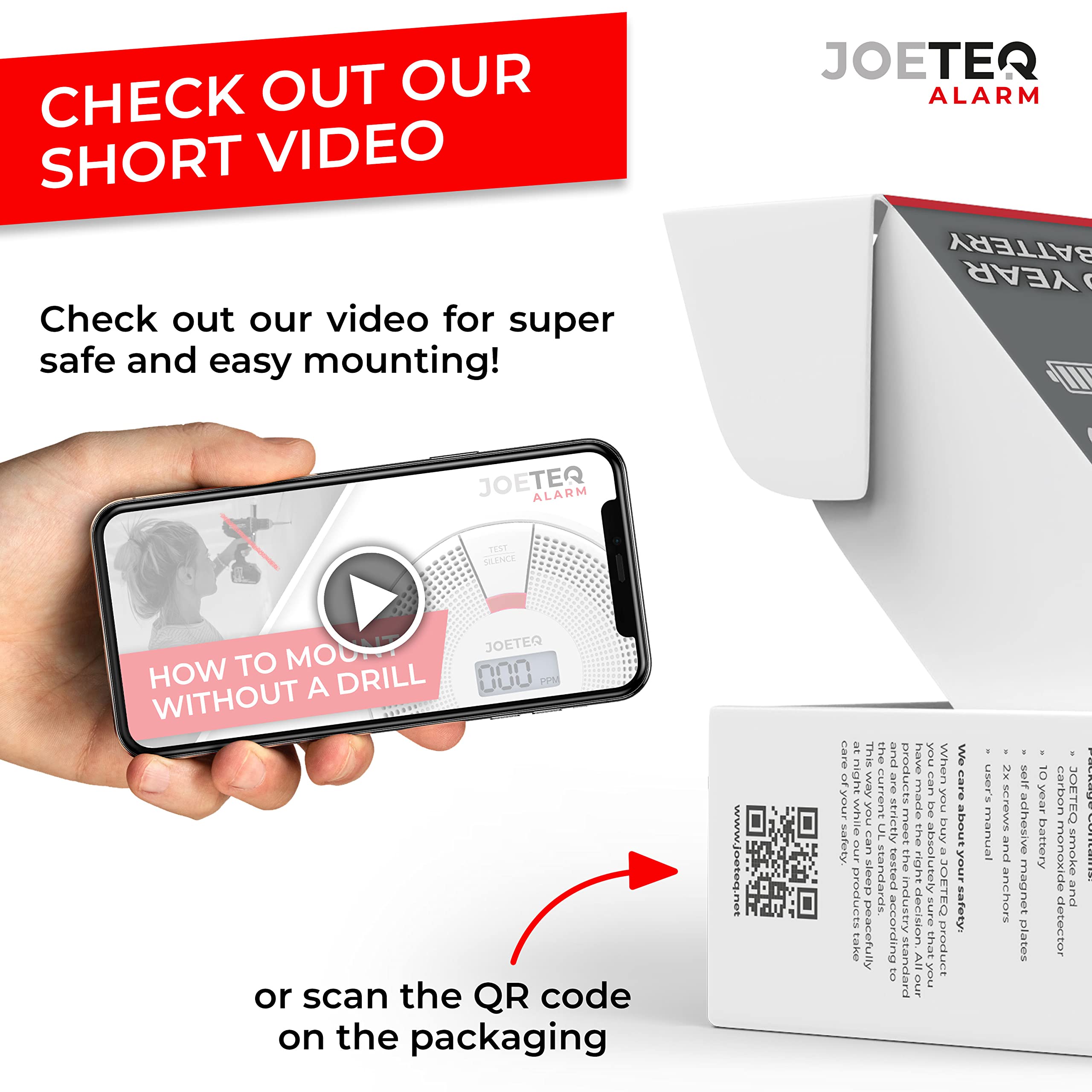 JOETEQ 2-in-1 Smoke and Carbon Monoxide Detector 10 Year Battery Operated Included - No Drilling Easy Adhesive Installation, SC01-BS, 1pcs