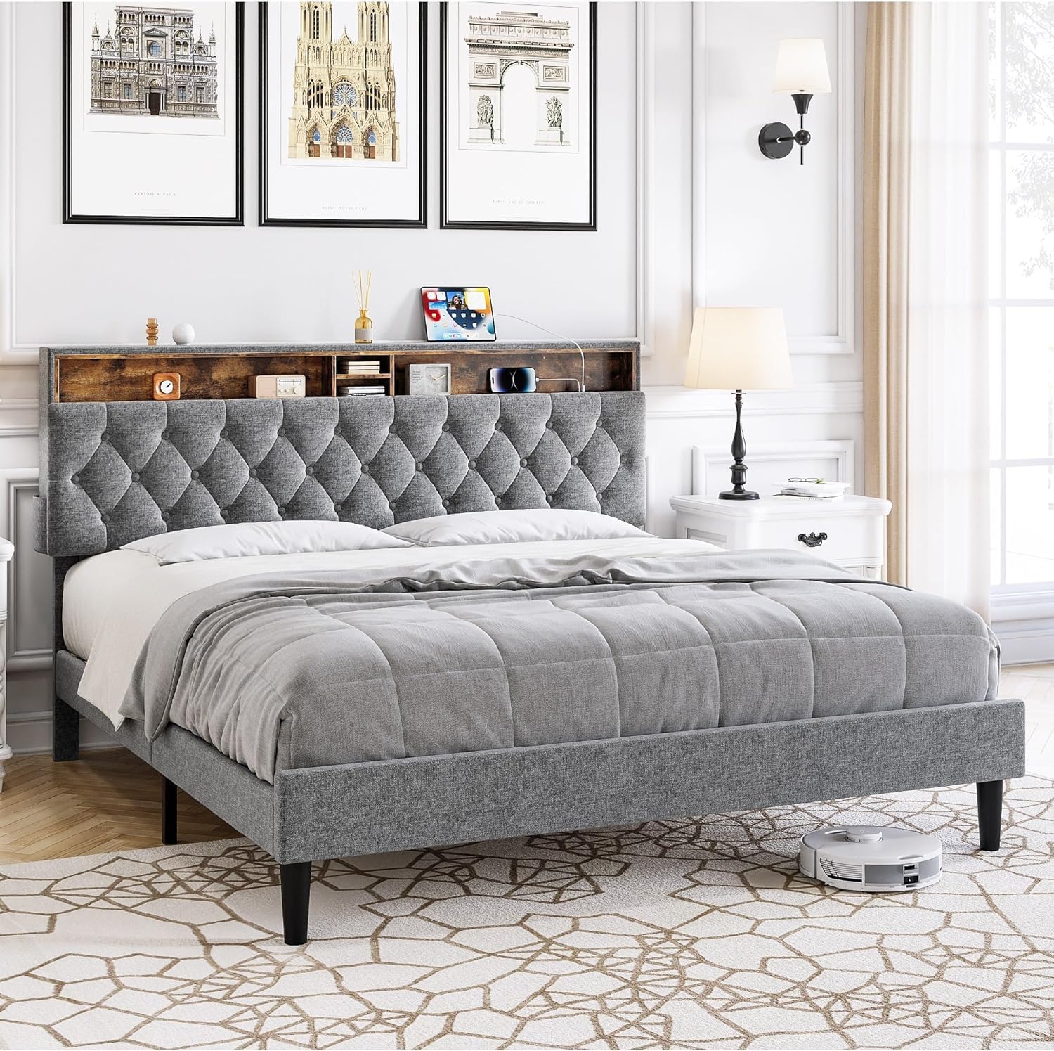 GAOMON Queen Bed Frame with Charging Station, Upholstered Platform Bed with 4.8" Storage Shelf & Adjustable Headboard, Button Tufted Design, Solid Wood Slats Support, Easy Assembly, Grey