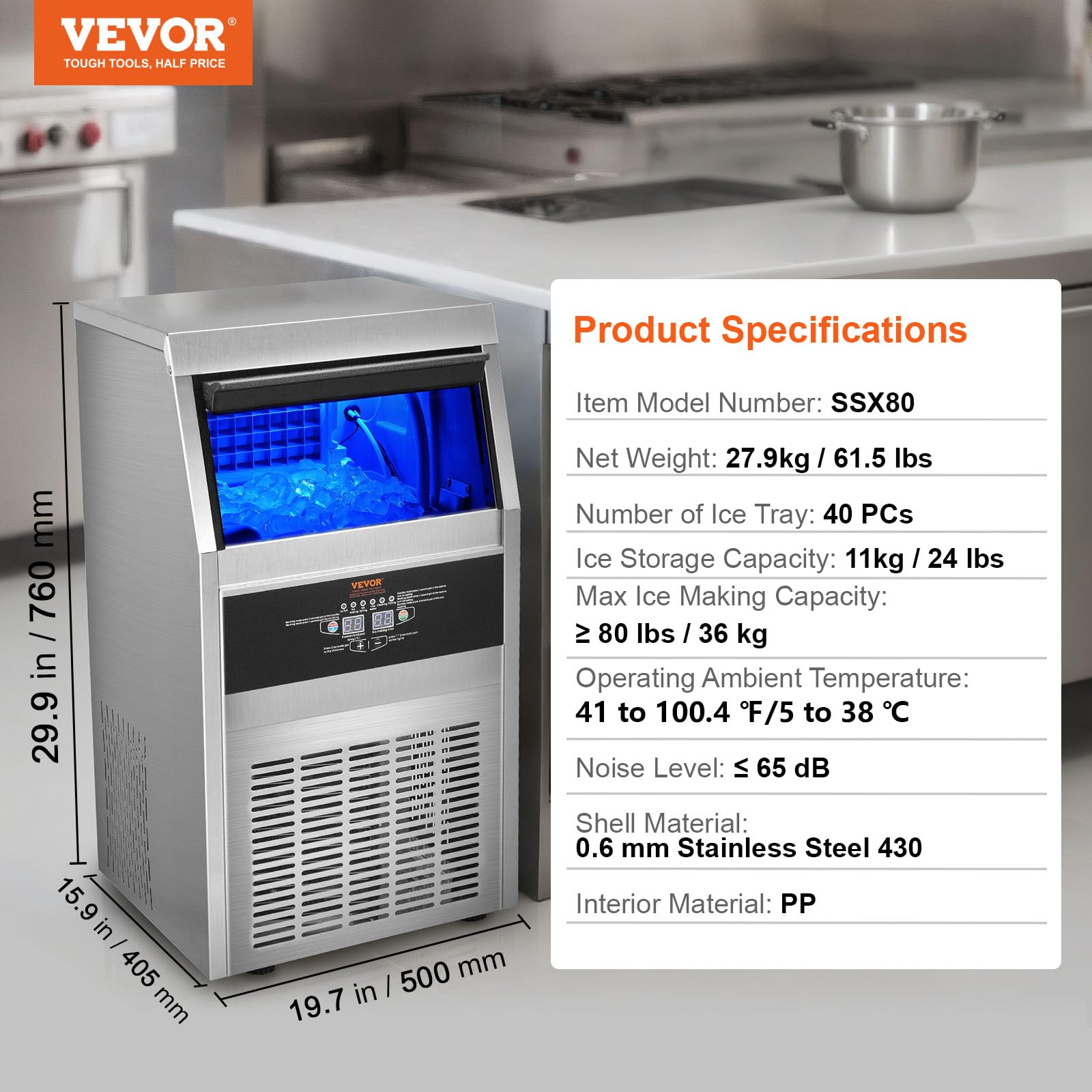 VEVOR Commercial Ice Maker, 80lbs/24H, Ice Maker Machine, 40 Ice Cubes in 12-15 Minutes, Freestanding Cabinet Ice Maker with 24lbs Storage Capacity LED Digital Display, for Bar Home Office Restaurant
