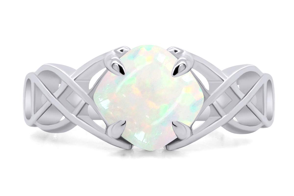 Gemvio Collection 1 CTTW 7MM Cushion Cut Natural Opal Gemstone Solitaire Celtic Knot Promise Engagement Ring In 14K Solid White Gold Jewelry For Women Ring Size-8