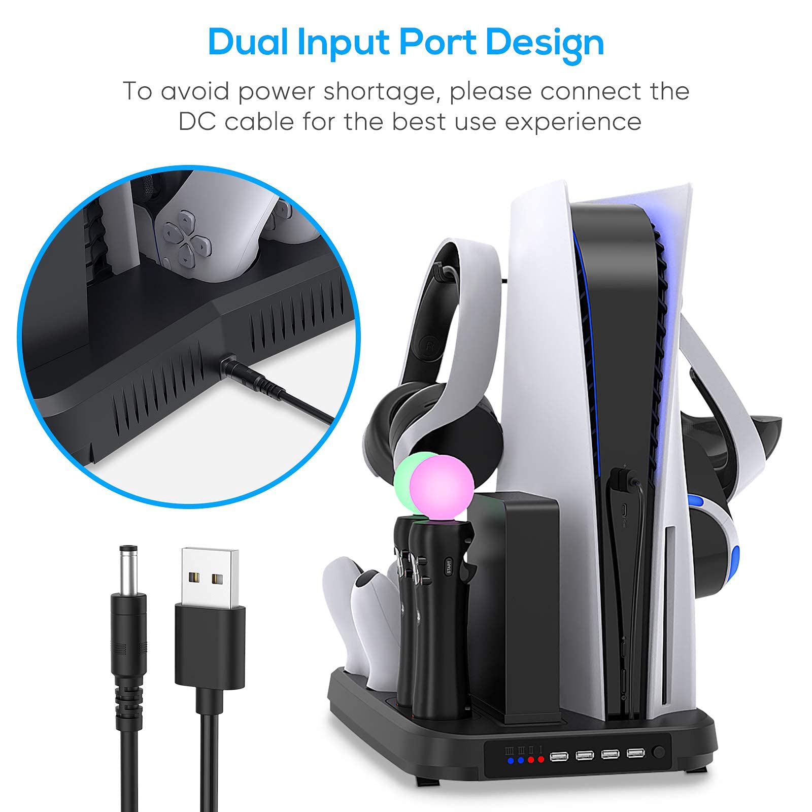 FYOUNG Vertical Stand for PS5 Digital Edition/Ultra HD Console with Cooling Fan and Controller Charging Station, Display Charging Stand for PS5 VR Playstation