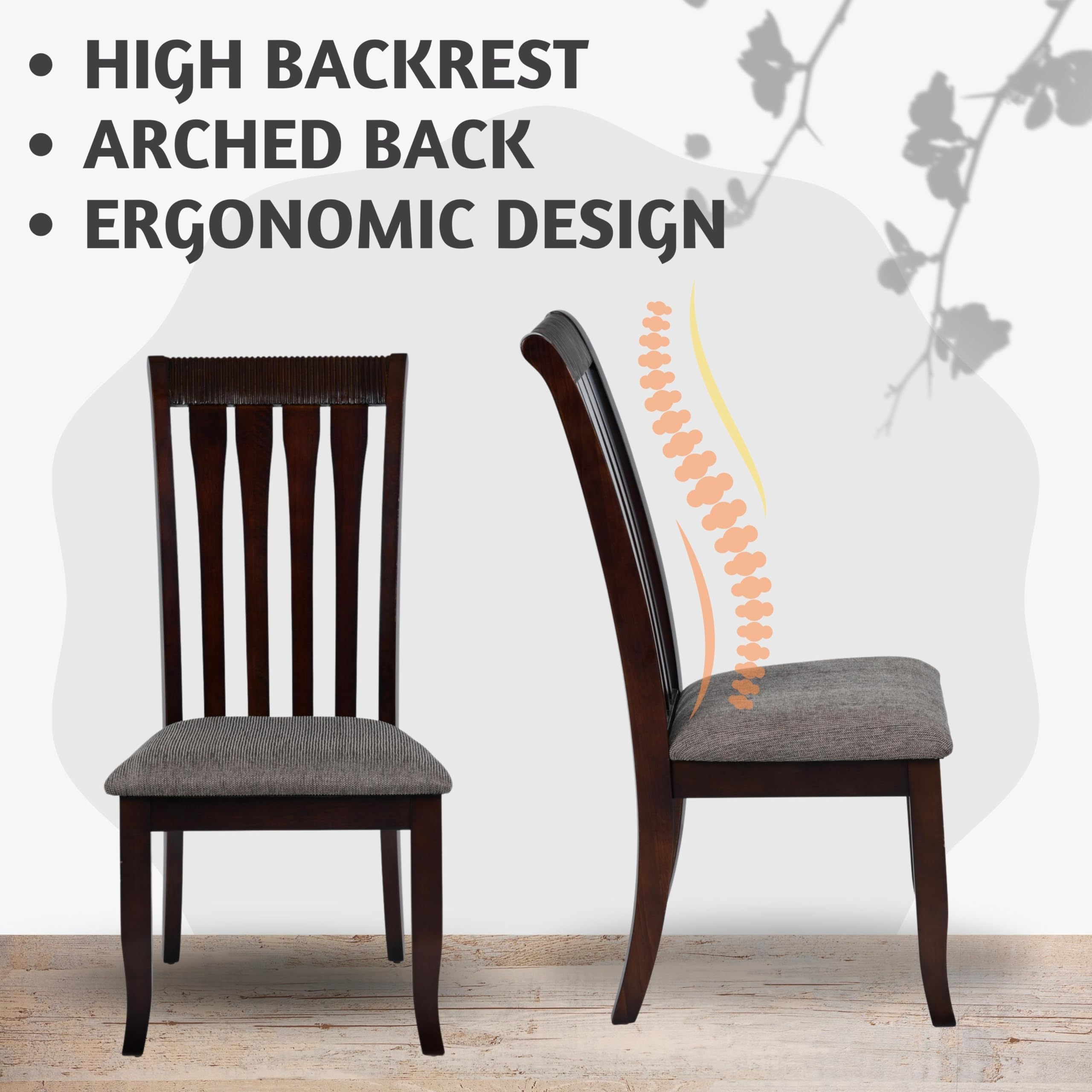 FurnitureR Dining Chairs Set of 4, Wooden Armless Kitchen Chair with Solid Rubber Wood Legs High-Back Dining Room Chairs with Upholstered Padded Cushion, Brown
