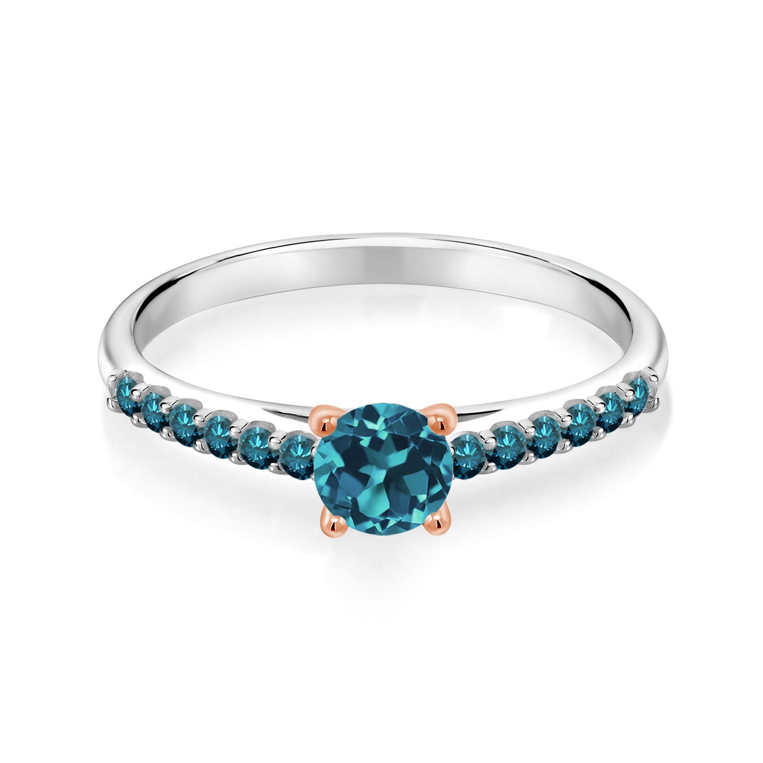 Gem Stone King 0.90 Ct 5mm Round London Blue Topaz Blue Diamond 925 Silver and 10K Rose Gold Ring (Size 7)