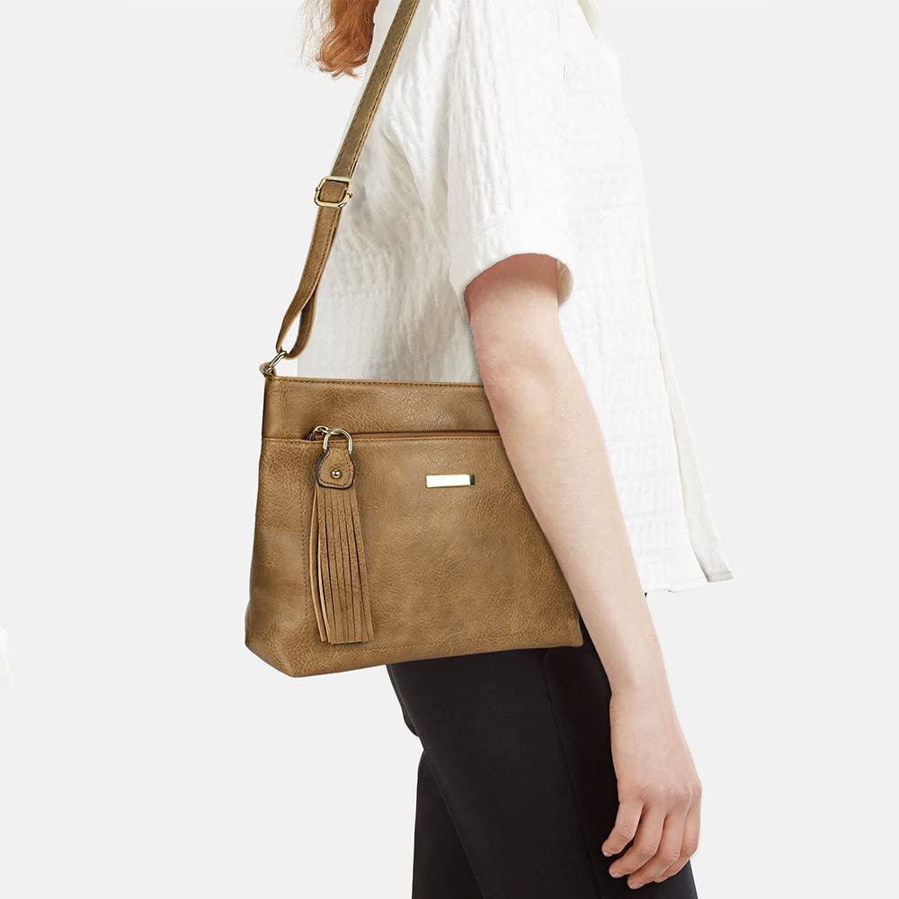 Medium Sized Retro Style Hobo Bag Zipper Shoulder Purse with Tassel Decoration Crossbody Handbag for Women (Brown)