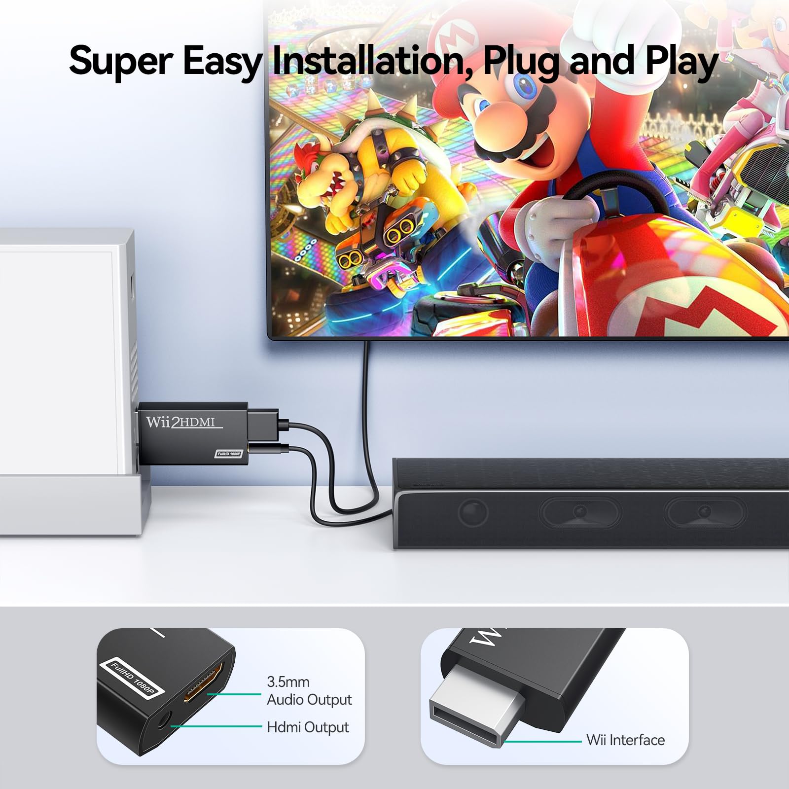 GANA Wii to hdmi Converter, wii to hdmi Adapter, wii to hdmi1080p 720p Connector Output Video & 3.5mm Audio - Supports All Wii Display Modes