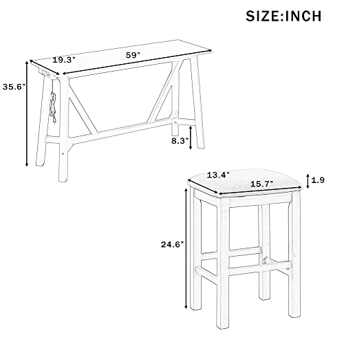 RuiSiSi 4 Piece Counter Height Bar Table Set Farmhouse Counter Height Dining Room Table Set with 3 Bar Stools, Gray