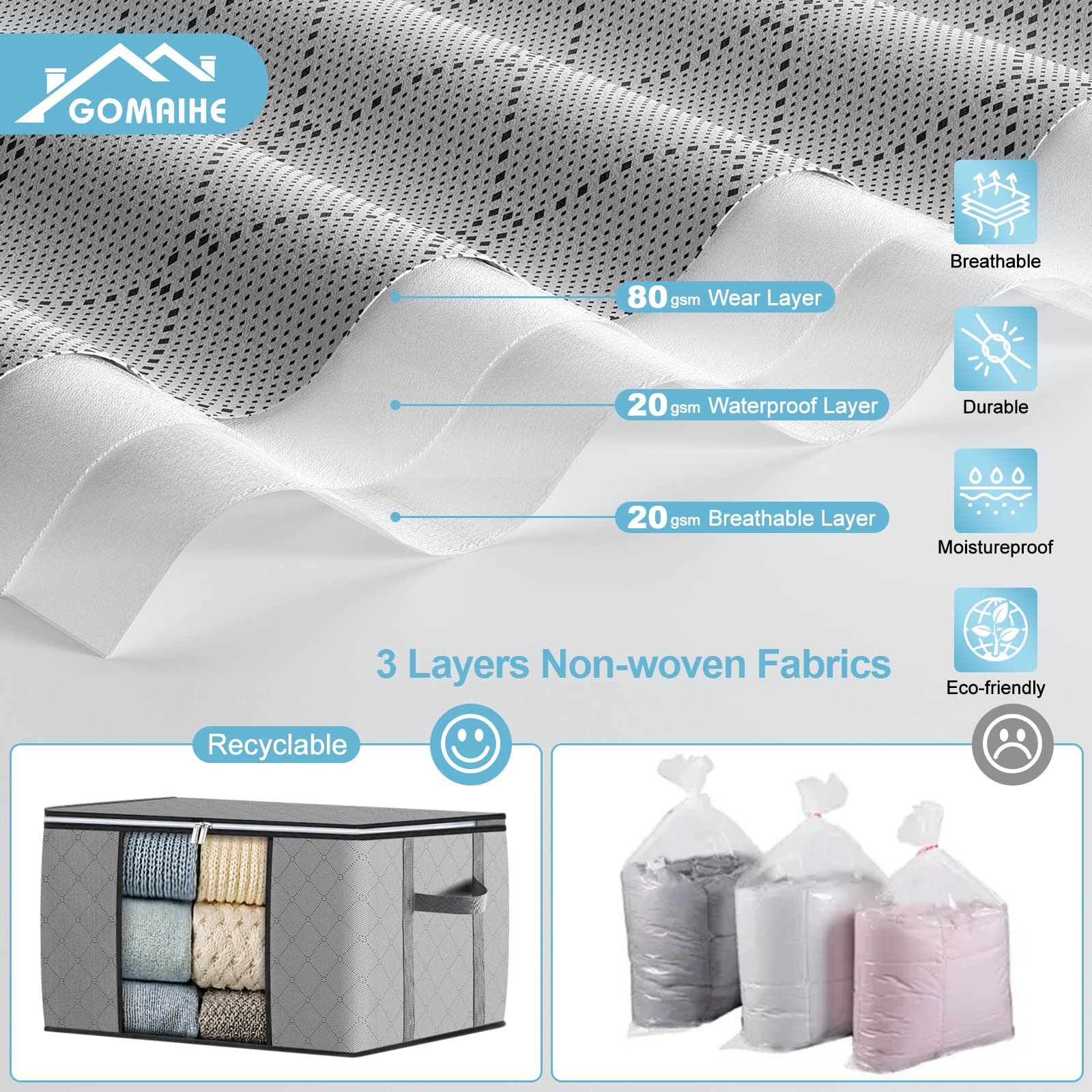 GoMaihe Clothes Storage Bags 4 Pack, Foldable Storage Bins Closet Organizers Stackable Containers with Reinforced Handles and Lids, Clothing Blanket Toy Shoe Comforters Pillow Organization, Grid Gray
