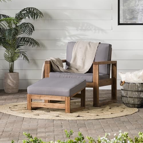 Walker Edison Sorrento Modern Acacia Wood Outdoor Side Chair and Ottoman Set with Cushions, 32 Inch, Brown