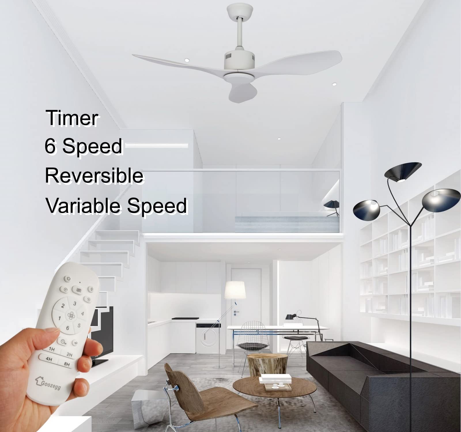 Goozegg Ceiling Fan No Light Remote Control Modern 3 Blades Reversible DC Motor, 48-inch, White