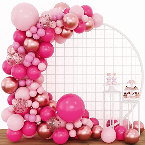 RUBFAC Pink Balloon Arch Garland Kit, Hot Pink Rose Gold Chrome Balloons for Birthday Shower Princess Theme Party Background Decorations
