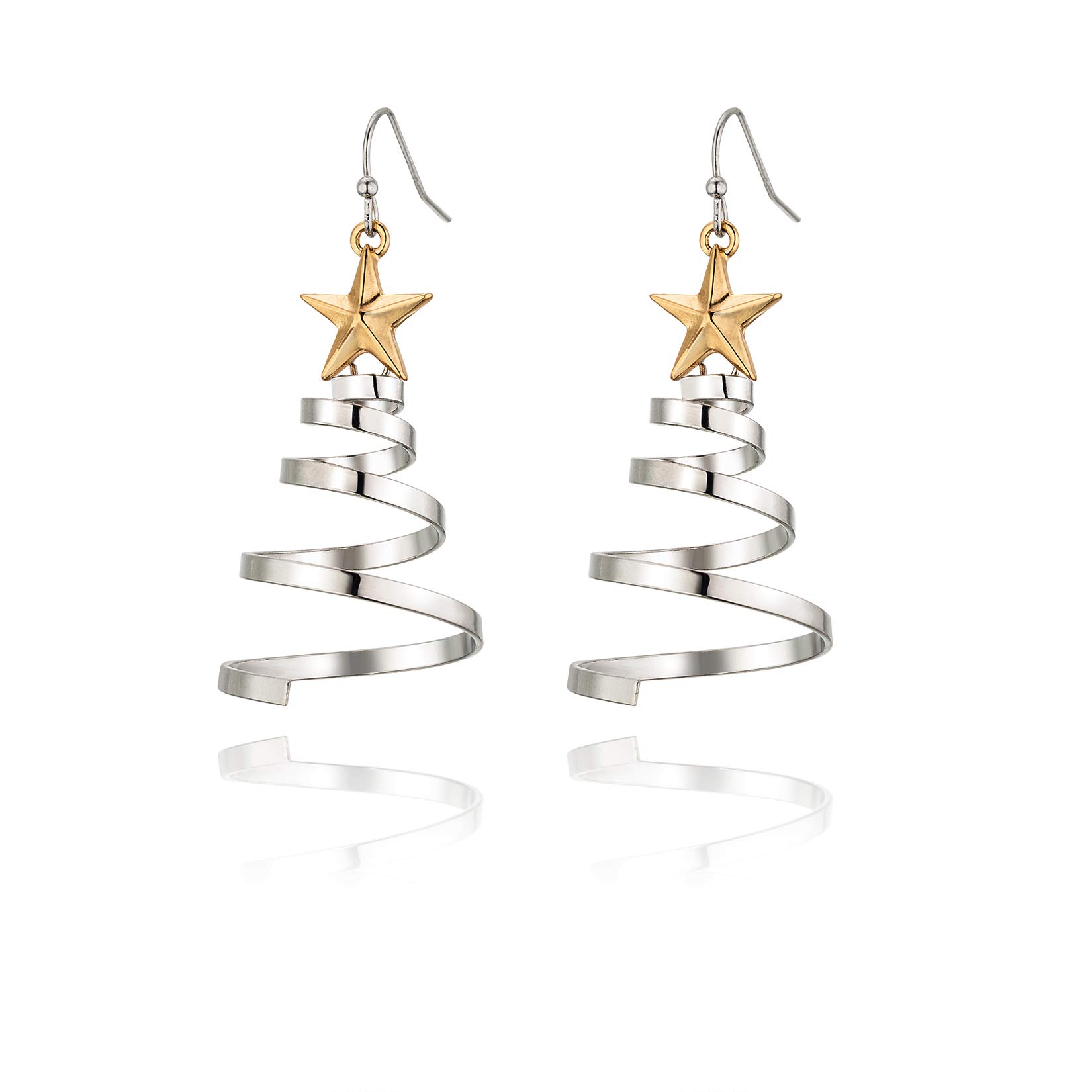 Handmade Christmas Tree Dangle Hoop Earrings Golden Silver Two Tone Women Holiday Gift, Thanksgiving Themed Earrings, Christmas Party Gift