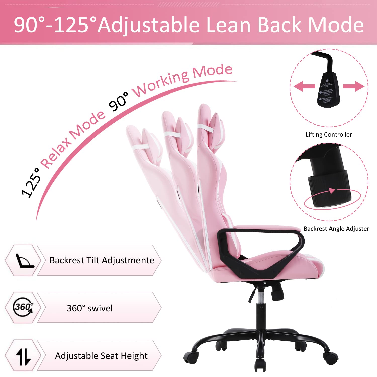 Gaming Chair High Back Ergonomic Leather Office Chair Adjustable Swivel Desk Chair Reclining Racing PC Computer Chair with Lumbar Support and Headrest for Back Pain Adults Teens(Pink)