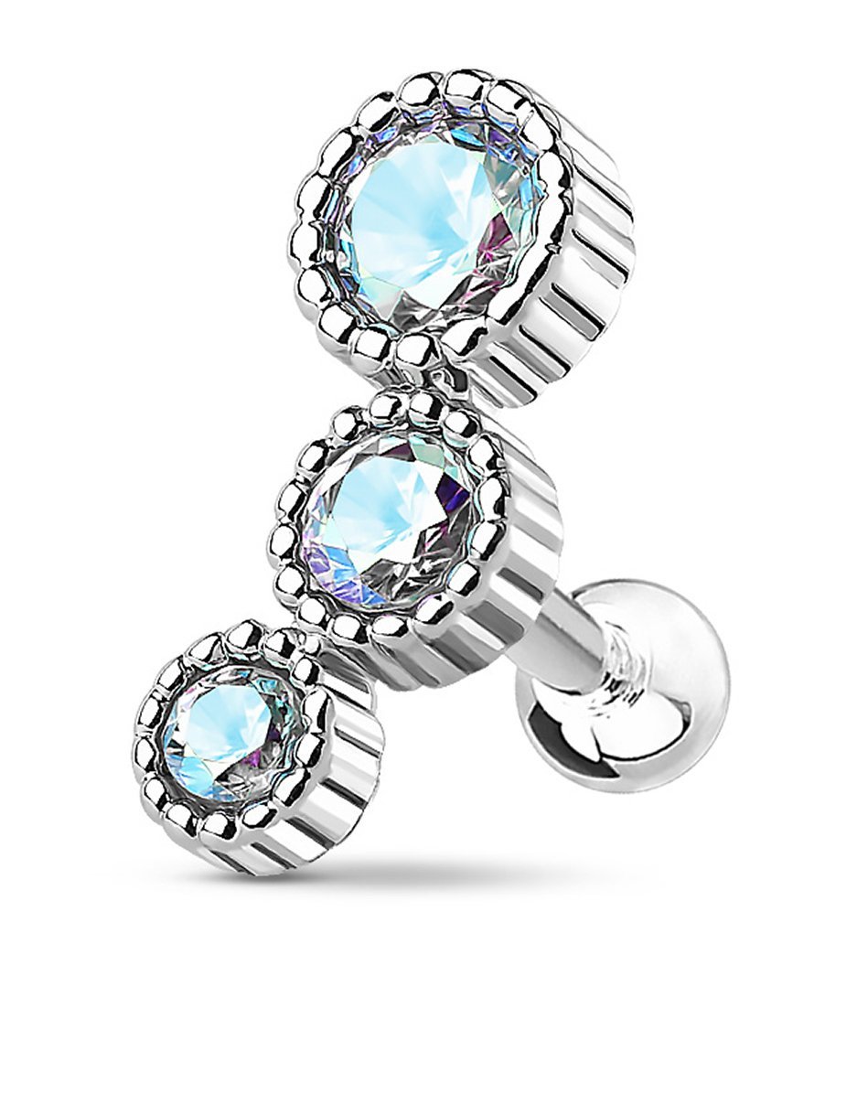 Forbidden Body Jewelry 16g Surgical Steel Cartilage Stud Earring with Curved Triple Round CZ Crystals (Aurora Borealis)