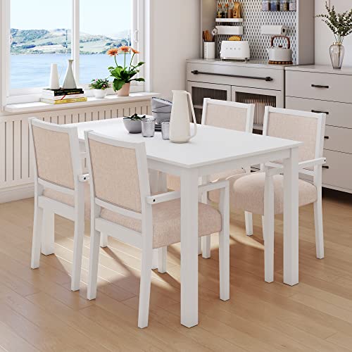 Goozio 5 Piece, Wood Rectangular Room Dinette Set for 4,Kitchen Table with 4 Arm Upholstered Dining Chairs,Beige