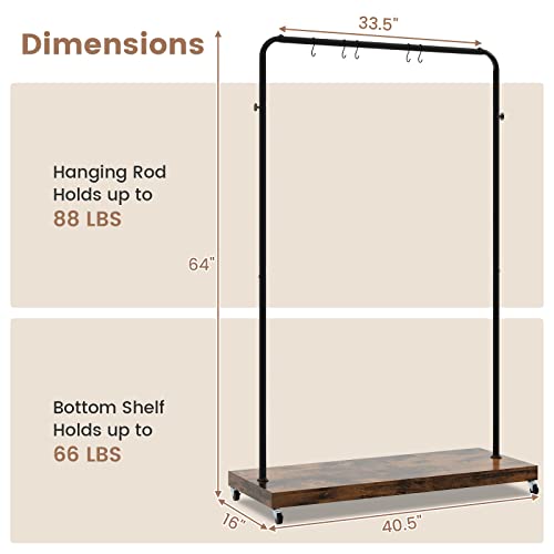 Tangkula Clothes Rack on Wheels, Industrial Pipe Style Rolling Garment Rack with Bottom Storage Shelf & 5 Hanging Hooks, Clothes Organizer with Sturdy Metal Frame for Bedroom Laundry Room