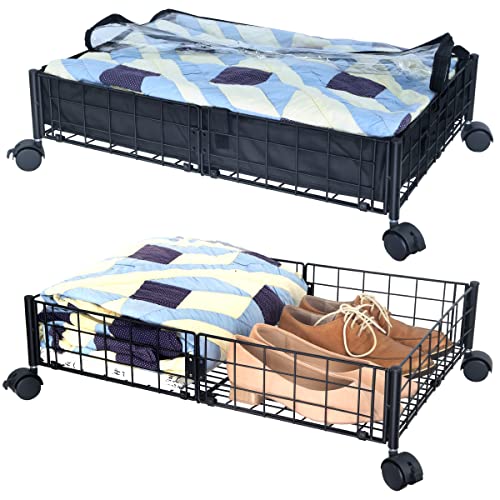 Under-Bed Storage with Wheels, 2-in-1 Rolling Carts with Liner Bags Fit 6.5 inch Low Bed Frame, Under-Bed Shoe Storage Organizer for Clothes, Toy, Book, Blanket, Under-Bed Storage Containers, 2 Pack
