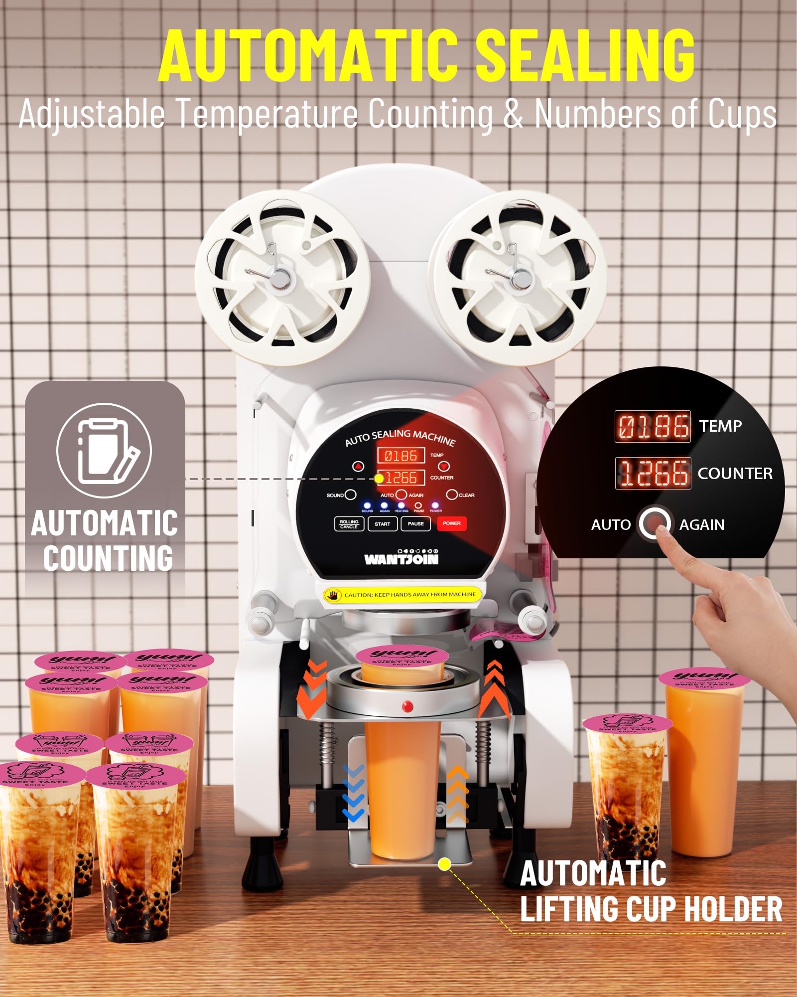 WantJoin Cup Sealing Machine Full Automatic Cup Sealer Machine 89/90/95MM 3.50/3.54/3.74IN Electric White Cup Sealing Machine 500-600 Cups/H(White)
