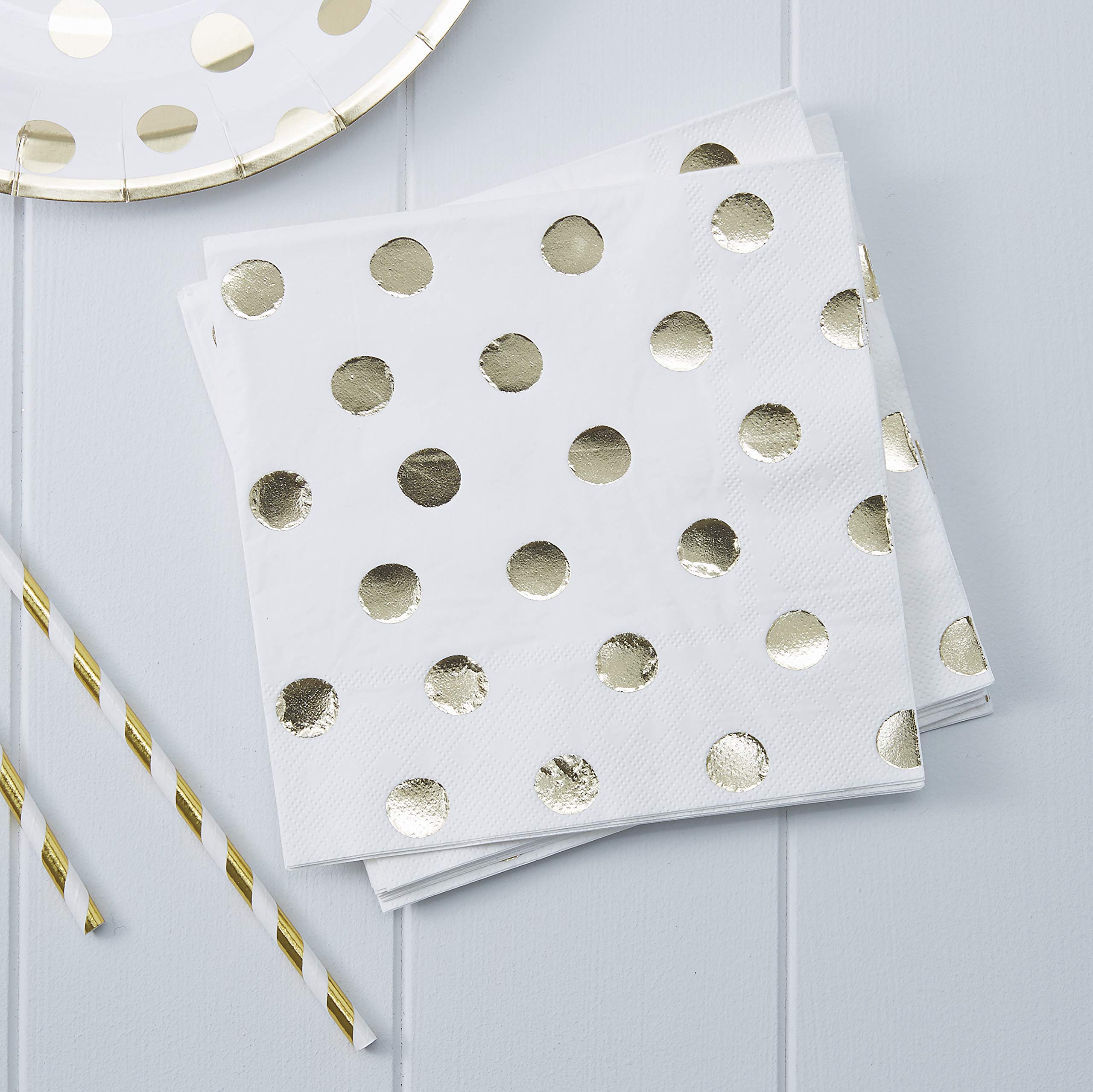 Ginger Ray Gold Foiled Polka Dot Paper Party Napkins 20 Pack, Pick & Mix