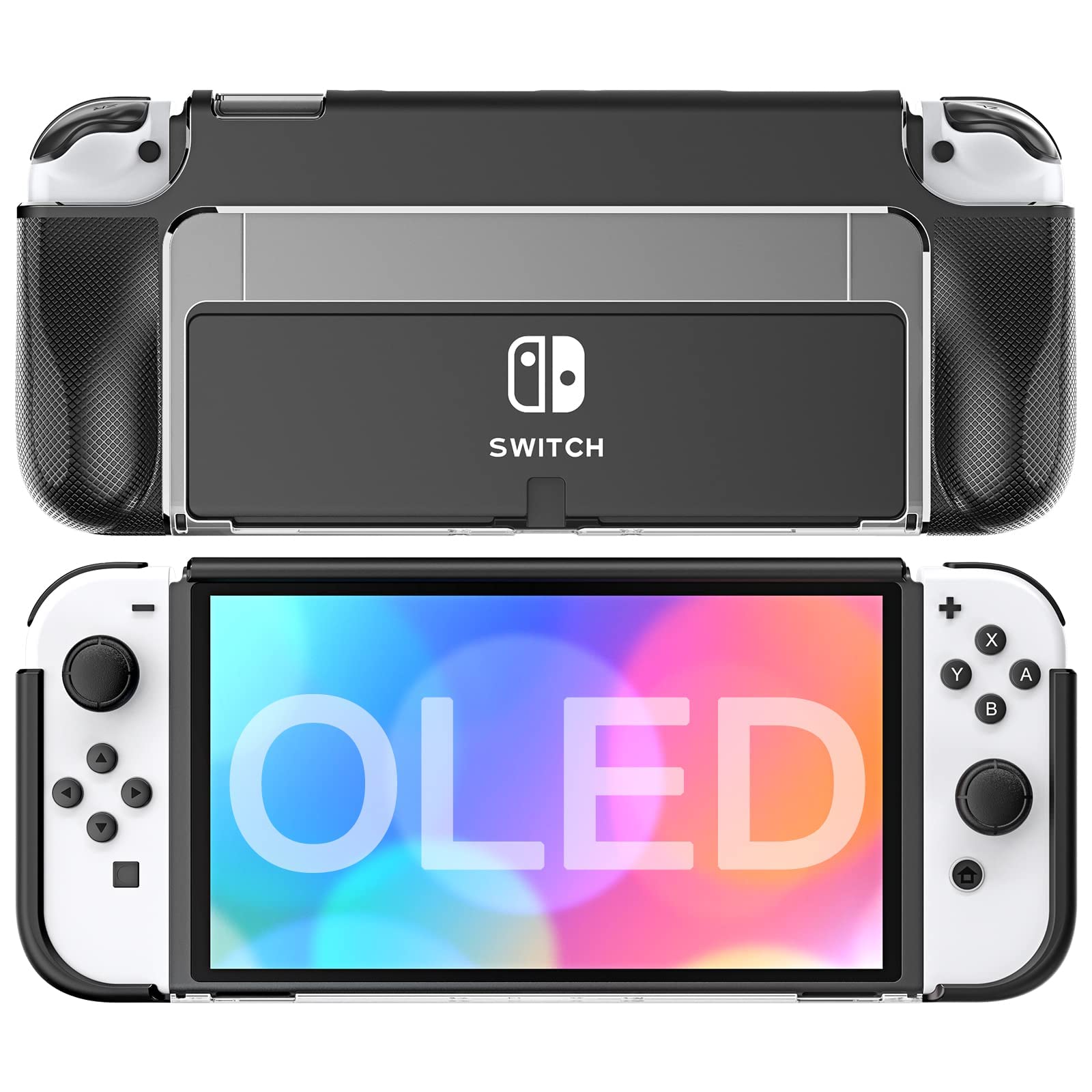 HEYSTOP Switch OLED Case Dockable Compatible with Nintendo Switch OLED Model 2021, TPU Protective Case for Nintendo Switch OLED Model with Game Card Slots and 6 Pcs Thumb Grips