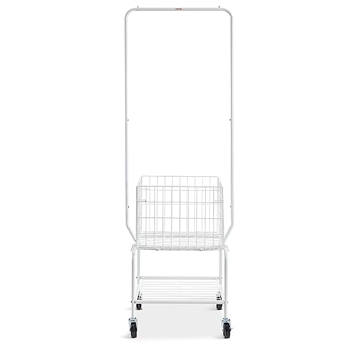 VEVOR Metal Rolling Laundry Basket with Hanging Garment Rack, Laundry Hamper Cart Adjustable Height with Basket Load and Shelf Load, Storage Organizer with Heavy Duty Lockable Wheels, White