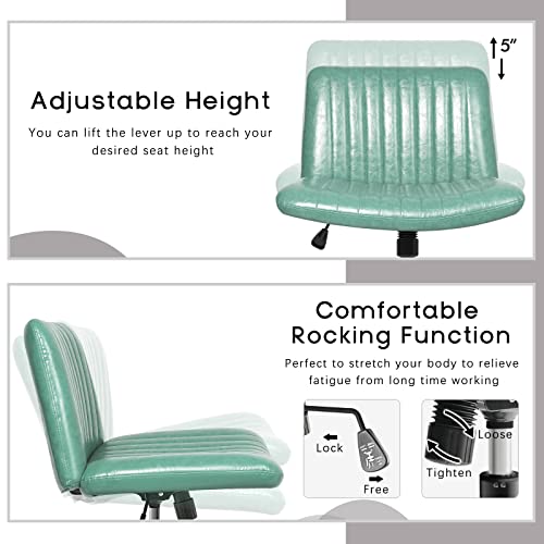 PUKAMI Armless Desk Chair No Wheels with Ottoman&Lumbar Support,PU Leather Padded Modern Swivel Home Office Chair,Height Adjustable Wide Seat Cross Legged Computer Task Chair for Living Room (Tiffany)