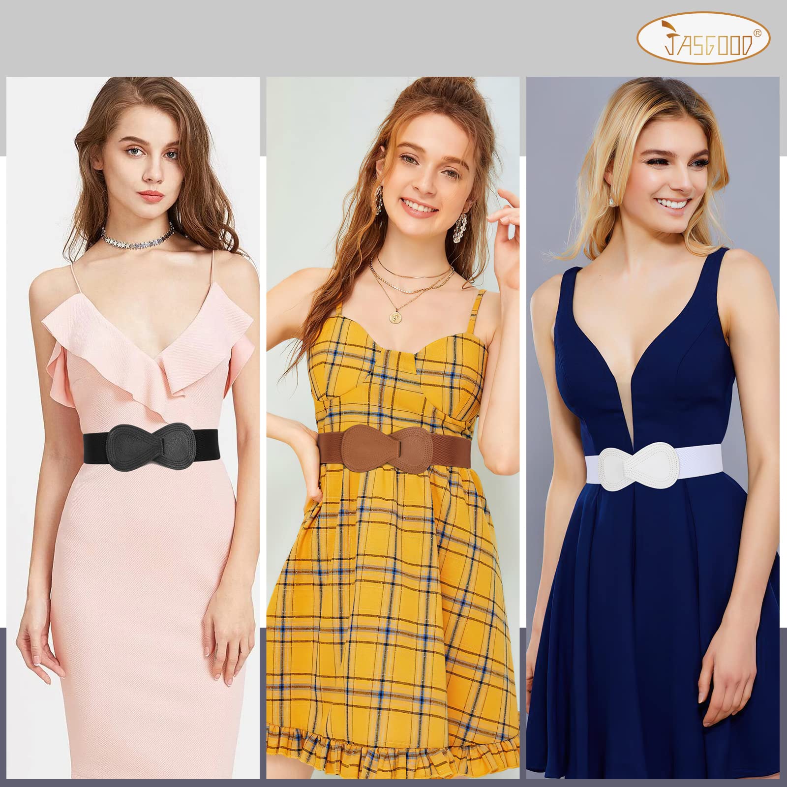 JASGOOD Women Stretchy Belt for Dresses Vintage Elastic Wide Waist Belt, D-Black+White+Brown
