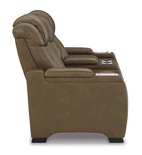 Signature Design by Ashley Strikefirst Contemporary Tufted Leather Power Reclining Loveseat with Console and Adjustable Headrest, Light Brown