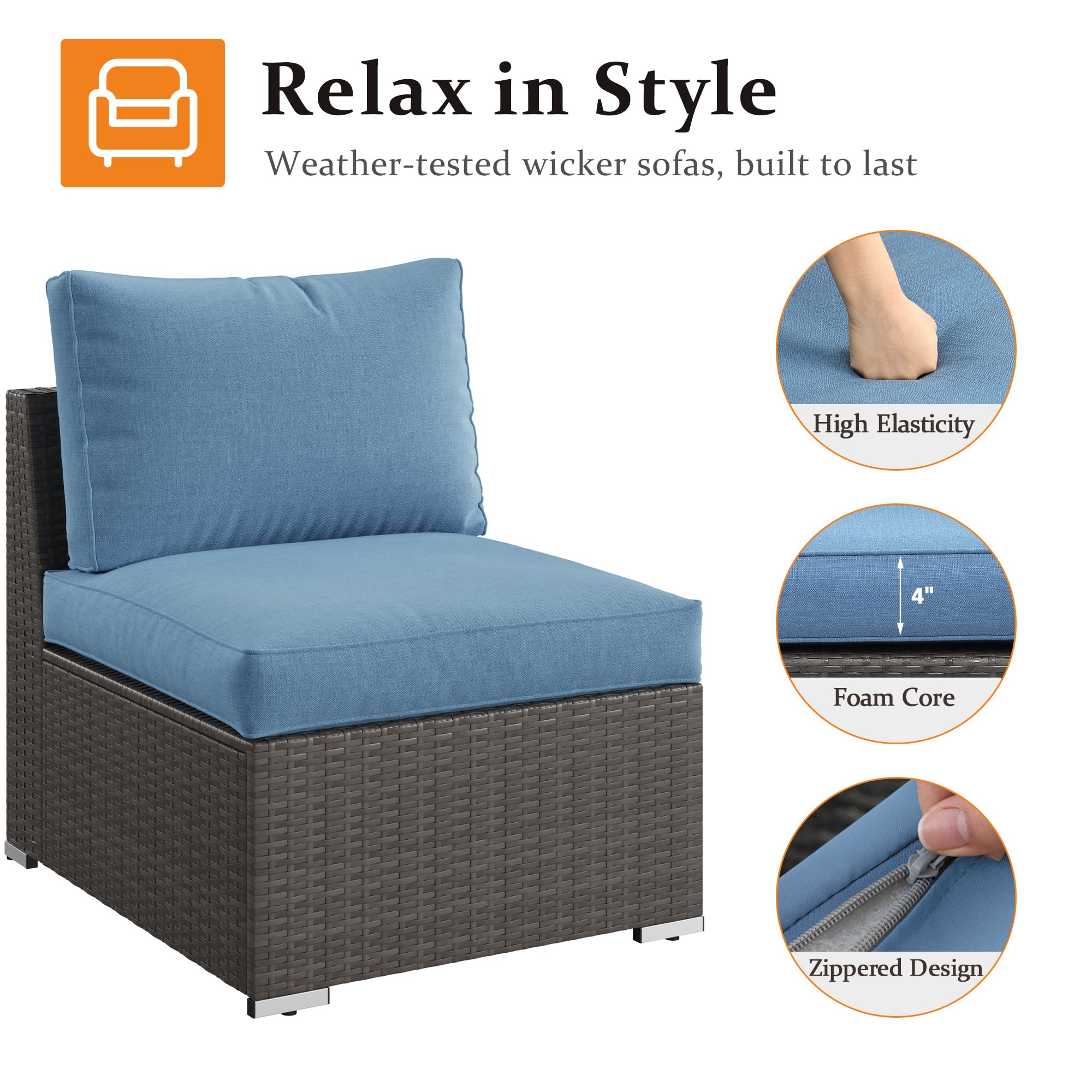 Wisteria Lane 2 Piece Patio Armless Sofa, Outdoor Wicker Sectional Furniture with Cushion, Additional Loveseats for Garden Backyard, Blue