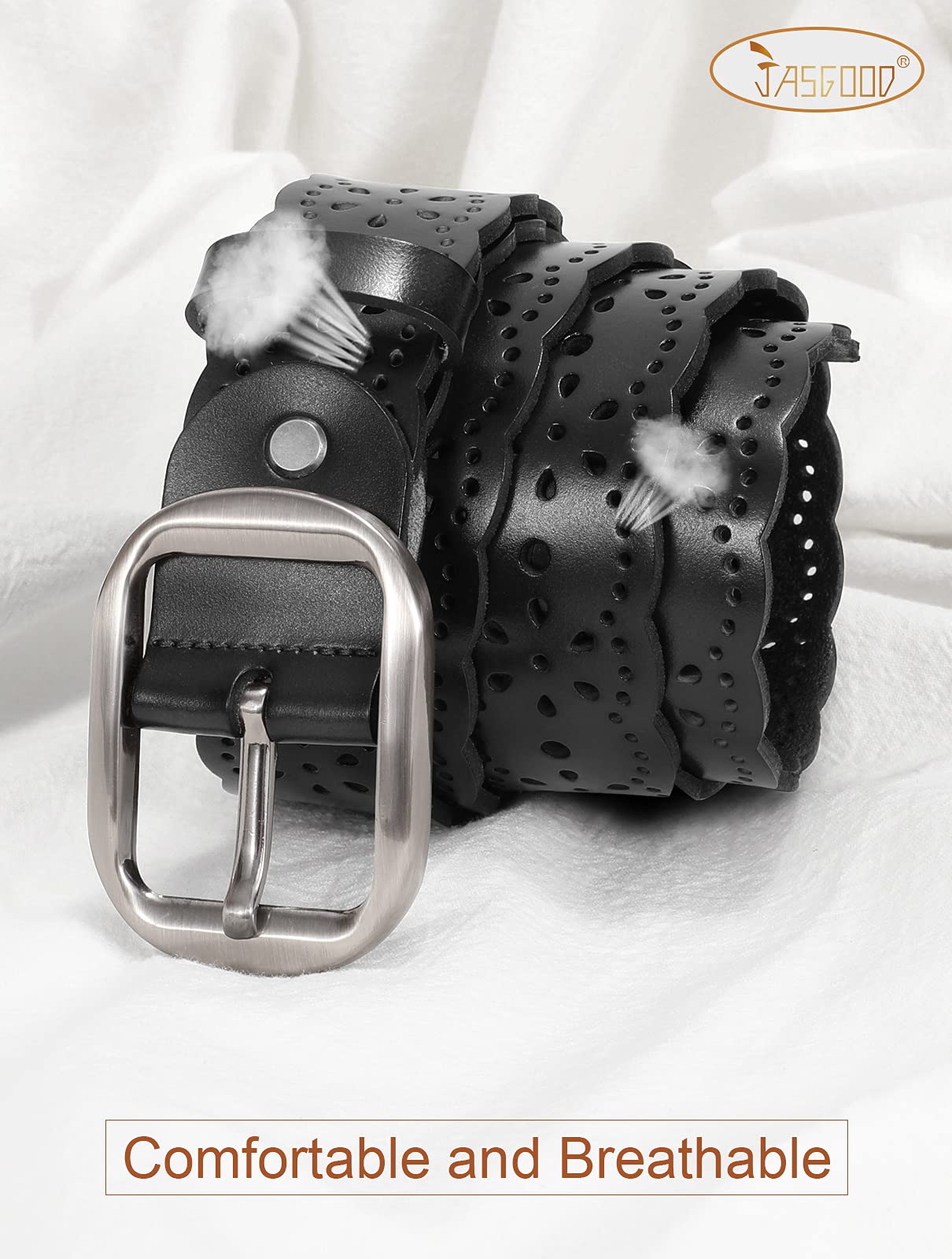 JASGOOD Women's Plus Size Belt, Hollow Flower Leather Belt for Jeans Pants Wide Belt with Metal Buckle