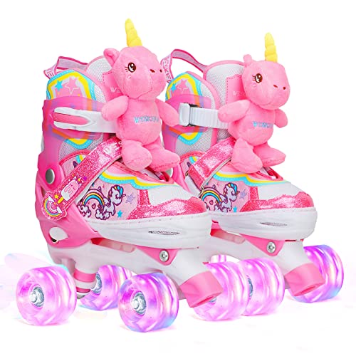 Unicorn Doll Kids Toddler Roller Skates for Girls,WESKIFAN Quad Skating Shoes with Shiny Light up Wheels&Adjustable Sizes Beginners rollerskates for Birthday Xmas Gifts,Patines para NiƱas NiƱos