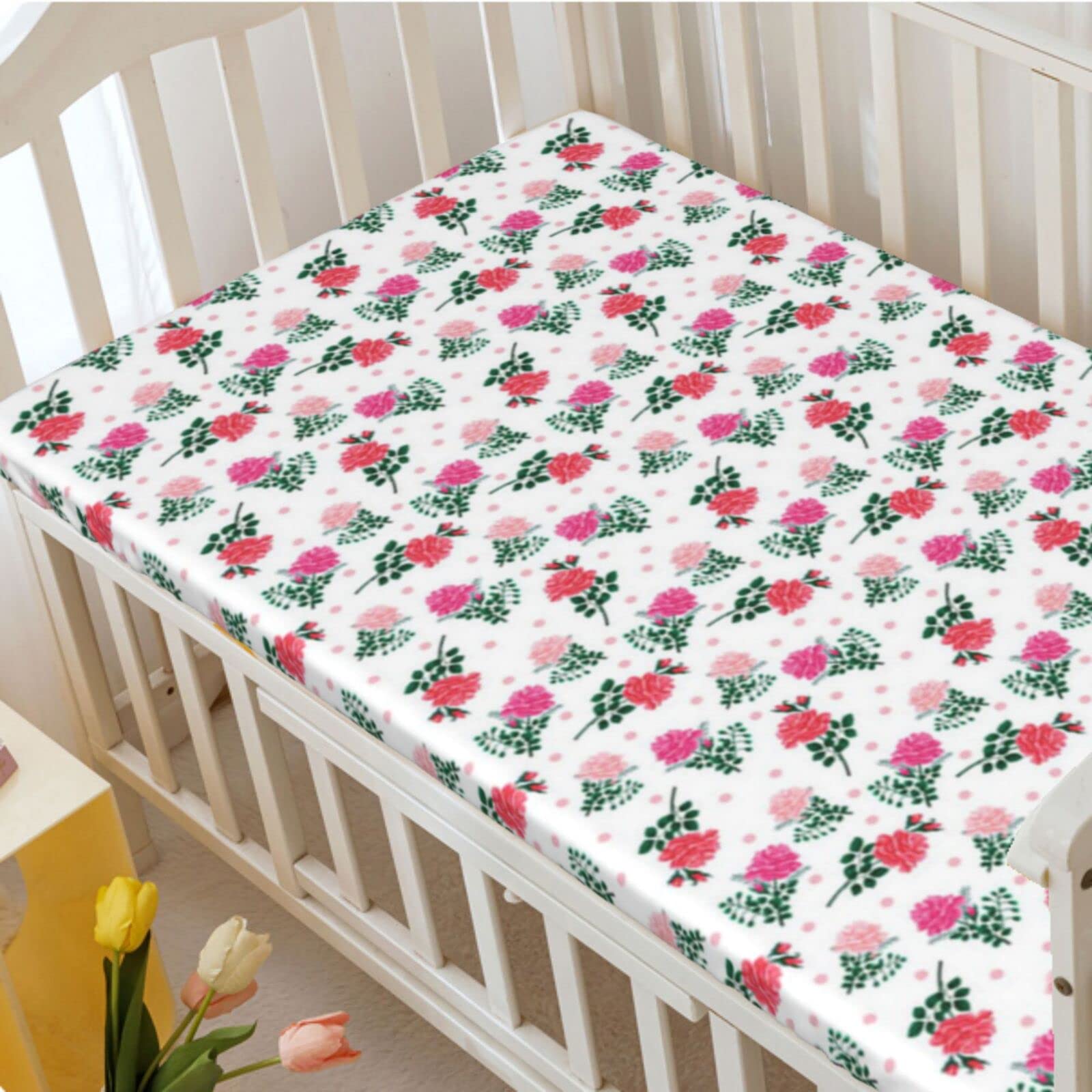 Rose Themed Fitted Mini Crib Sheets,Portable Mini Crib Sheets Soft and Breathable Bed Sheets-Great for Boy or Girl Room or Nursery,24β x38β,Rose Dark Coral